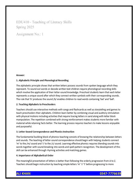 Edu410 Assignment Solution 2025 By Vu Nexus Ali Khan Pdf Phonics Learning