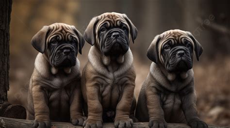 Three Bullmastiff Puppies Sitting On A Log Background Picture Of