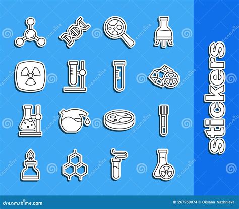Set Line Test Tube With Toxic Liquid Radioactive Microorganisms Under Magnifier Flask On