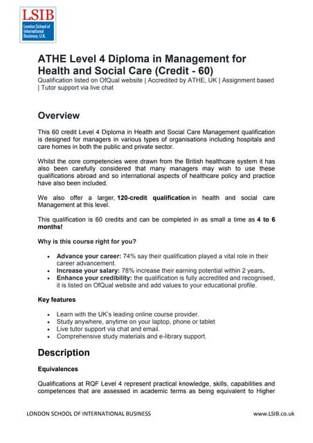 Athe Level 4 Diploma In Management For Health And Social Care Credit