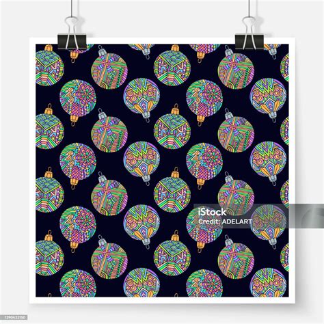 크리스마스 트리 공 패턴 바인더 클립에 젠탱글 새해 포스터 겨울 휴가 엽서 배경 크리스마스 인쇄 제품 또는 웹 디자인을위한 벡터 일러스트레이션 12월에 대한 스톡 벡터 아트