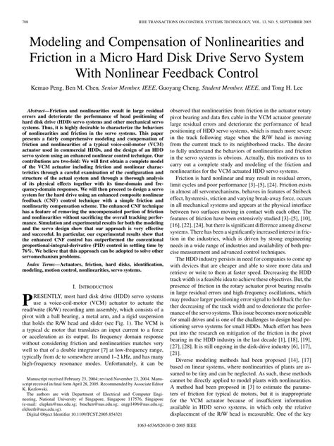 Pdf Modeling And Compensation Of Nonlinearities And Friction In A Micro Hard Disk Drive Servo
