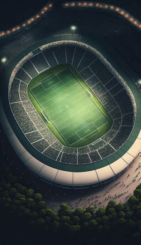 Generative Ai Of A Soccer Stadium With Green Grass Field In The Center