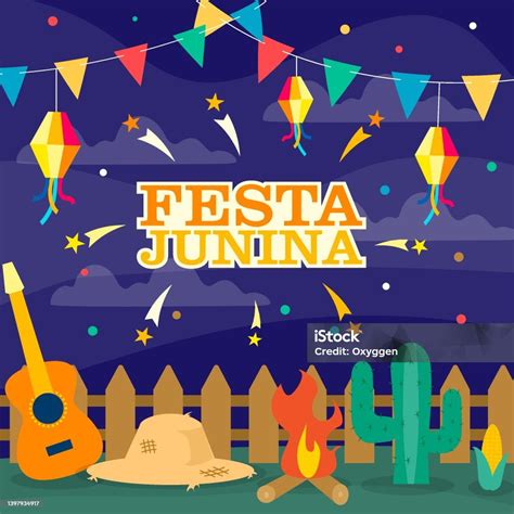 페스타 주니어나 배경 브라질 유월 축제 민속 휴일 기타 선인장 여름 캠프 파이어 벡터 일러스트 레이 션 주니나 축제에 대한 스톡