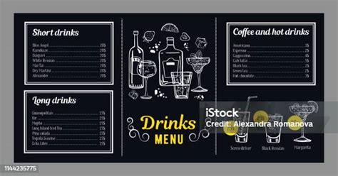 칵테일과 병이 포함 된 차가운 음료와 뜨거운 음료수와 일러스트가 포함 된 칵테일 메뉴 디자인 템플릿입니다 칠판 배경에 손으로 그린 그래픽 벡터 리큐르에 대한 스톡 벡터 아트