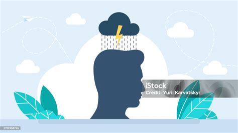 구름과 번개가 있는 머리 실루엣 아이콘입니다 우울한 마음 상태 분노 나쁜 기분 정신 건강 개념 우울하고 불행한 남자 느낌 괴로움 외로움 벡터 일러스트 레이 션 머리에 대한