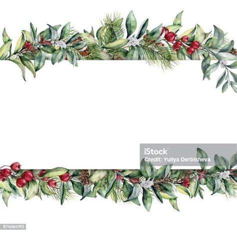 수채화 꽃 크리스마스 배너입니다 손으로 그린 딸기와 전나무 소나무 콘 종 지점과 흰색 배경에 고립 된 리본으로 꽃 화 환