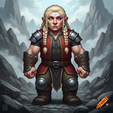 A Buff Female Dwarf With Blonde Braided Hair Multicolored Eyes And