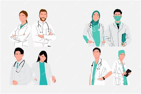 의사 와 간호사 들 의 그룹 만화 일러스트레이션 프리미엄 벡터