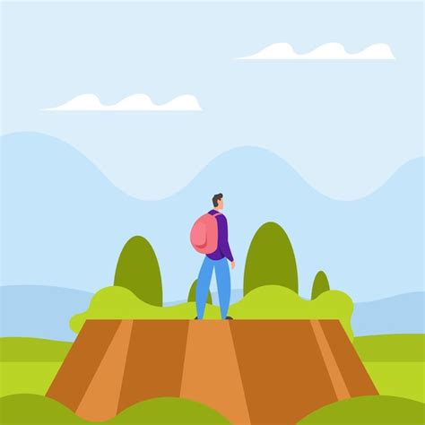 흰색 배경에 고립 된 자연에서 배낭을 가진 남자의 벡터 이미지 프리미엄 벡터