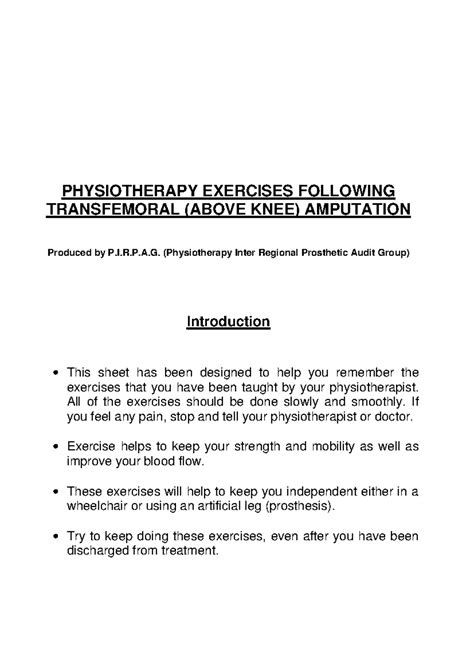 Physiotherapy Exercises For Transfemoral Amputation Pirpag Studocu