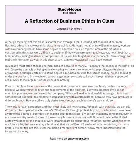 A Reflection Of Business Ethics In Class Free Essay Example