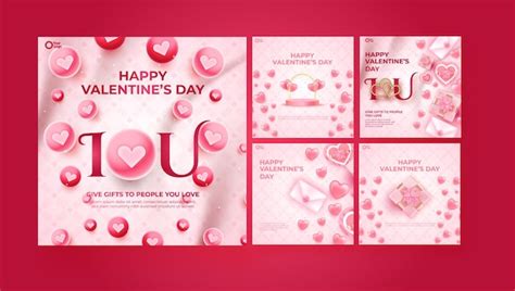 현실적인 발렌타인 데이 소셜 미디어 게시물 템플릿 프리미엄 벡터