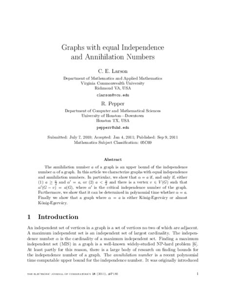 Pdf Graphs With Equal Independence And Annihilation Numbers