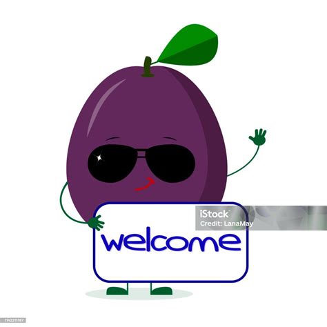 귀여운 보라색 매 화 캐릭터 선글라스에는 간판을 환영 합니다 로고 템플릿 디자인입니다 벡터 일러스트 레이 션 플랫 스타일 가격표에 대한 스톡 벡터 아트 및 기타 이미지