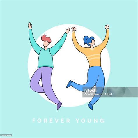 행복한 부부 남자와 소녀 점프 포즈 는 행복한 청소년 의 날을 영원히 젊은 이벤트 만화 스타일 벡터 일러스트를 축하합니다 공동체에 대한 스톡 벡터 아트 및 기타 이미지