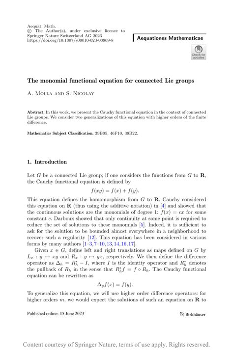 The Monomial Functional Equation For Connected Lie Groups Request Pdf