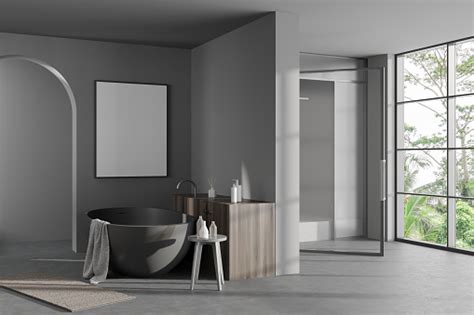 욕조와 샤워가 있는 회색 욕실 인테리어 파노라마 창문 모형 프레임 0명에 대한 스톡 사진 및 기타 이미지 0명 3차원 형태 가구 Istock