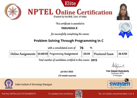 finished nptel course on c programming tarunika rajamohan posted on