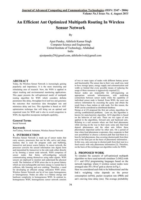 An Efficient Ant Optimized Multipath Routing In Wireless Sensor Network Pdf