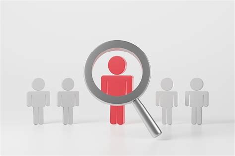 돋보기 흰색 배경을 가진 군중 속에서 눈에 띄는 빨간 사람의 그림 리더십 사업가 인적 자원 개념의 연속으로 다른 사람들과 함께 붉은 인간 모델 3d 렌더링 개념에 대한 스톡