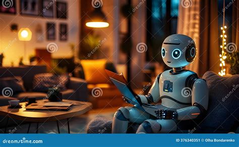 Futuristic Humanoid Robot Working At A Modern Office Desk Stock Image