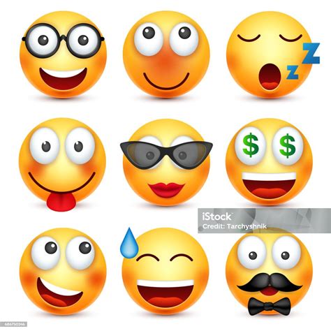 3d 안경 웃는 이모티콘으로 웃는 얼굴 세트 감정이 있는 노란 얼굴 얼굴 표정 3d 현실적인 이모티콘 재미있는 만화 캐릭터 기분 웹 아이콘입니다 벡터 일러스트레이션 개체
