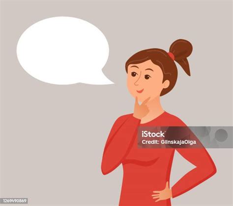 연설 거품을 가진 여자를 생각 벡터 일러스트 의 예쁜 얼굴 어린 소녀 대화 풍선 문자 기호에 대한 스톡 벡터 아트 및 기타