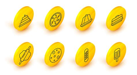 세트 라인 아이스크림 프렌치 바게트 빵 쿠키 또는 비스킷 반죽에 롤링 핀 케이크 푸딩 커스터드 도넛과 불타는 촛불 아이콘 벡터