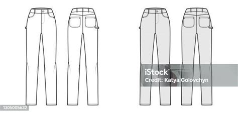 청바지 카펜터 데님 팬츠 테크니컬 패션 일러스트러 전체 길이 보통 허리 하이라이즈 5 포켓 리벳 0명에 대한 스톡 벡터 아트 및 기타 이미지 Istock