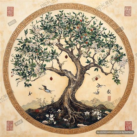Ai创作图圆形花鸟壁画 招财树装饰画 古茶树插画 新中式手绘古树 吉祥树装饰画 手绘招财树 工笔树 吉祥元宝树展板 贡梨树插画 中式迎客松瑞鹤
