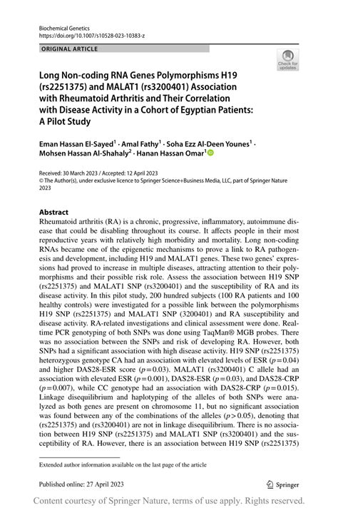 Long Non Coding Rna Genes Polymorphisms H19 Rs2251375 And Malat1