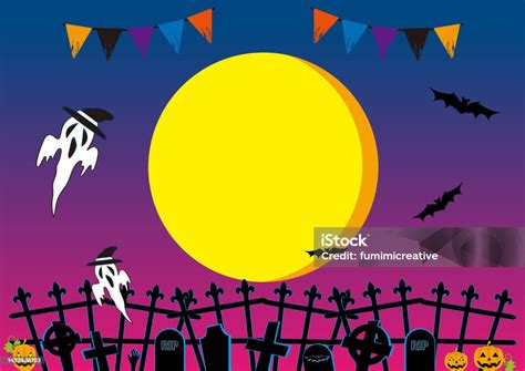 할로윈 큰 달과 묘지와 호박 귀신과 박쥐의 삽화 배경 자료 옆쪽 배경 주제에 대한 스톡 벡터 아트 및 기타 이미지 배경 주제 할로윈 10월 Istock