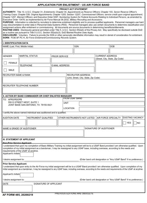 Af Form 485 Application For Enlistment Us Air Force Band Af Forms
