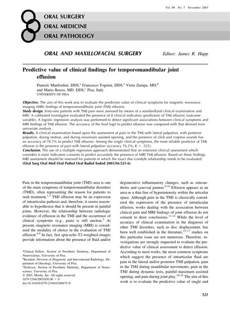 Pdf Predictive Value Of Clinical Findings For Temporomandibular Joint Effusion