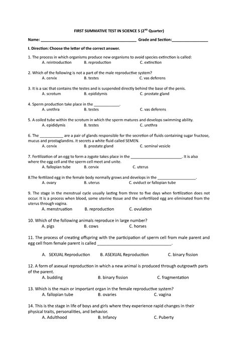 1st Summative Test In Science 5 Quarter 2with Answer Key First