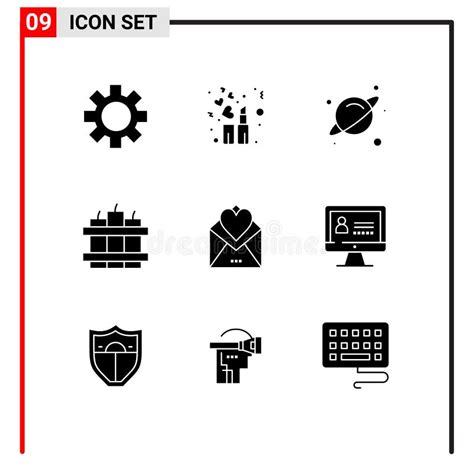 Pictogram Set Of 9 Simple Solid Glyphs Of Love Card Science Mail Timer Stock Vector