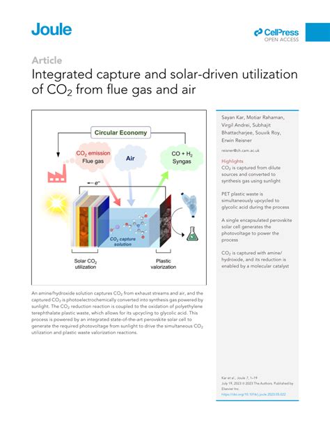 Pdf Integrated Capture And Solar Driven Utilization Of Co2 From Flue Gas And Air