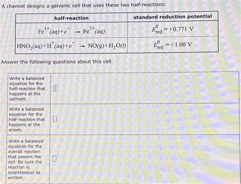 Solved A Chemist Designs A Galvanic Cell That Uses These Two Chegg Com