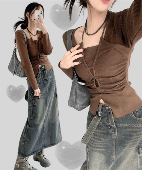 [실물대박템 발레코어ღ] 세미크롭 셔링 홀터넥 절개탑 레이어드 세트 에이블리