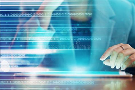 Code Hologram Business Woman Hand And Tablet Data Of A It Worker With Coding And Programmer