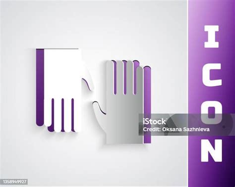 회색 배경에 격리 된 용지 컷 고무 장갑 아이콘 라텍스 손 보호 표지판 집안일 청소 장비 기호 종이 아트 스타일 벡터 3차원 형태에 대한 스톡 벡터 아트 및 기타 이미지