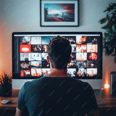 Man Sitting In Front Of A Computer Screen Looking At A Collage Of Images Premium Ai Generated