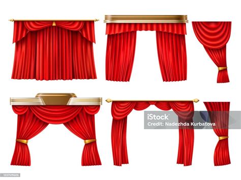 빨간 커튼 사실적인 극장 오페라 벨벳 패브릭 베일 장면 직물 장식 처마와 람브레퀸 콘서트 홀 커튼 벡터 집합 커튼에 대한 스톡
