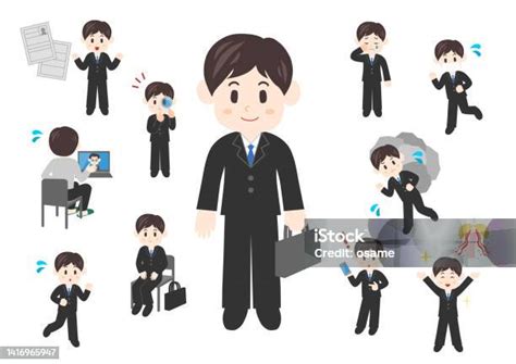 직업을 찾는 청년 직장에서 젊은 남자 다양한 얼굴 표정 벡터 일러스트레이션 전신 그림 남자에 대한 스톡 벡터 아트 및 기타