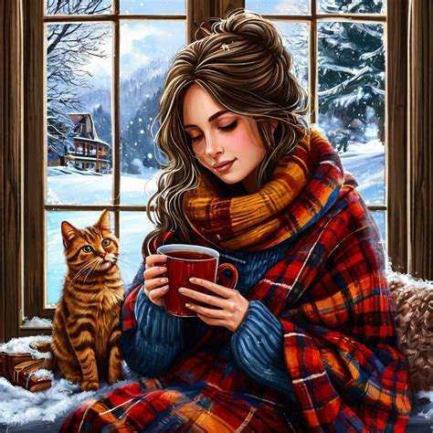 «Девушка укутанная в плед с кружкой… — картинка создана в Шедевруме