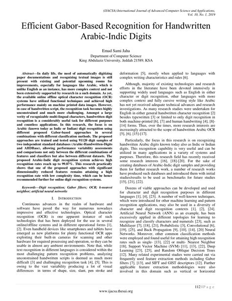 Pdf Efficient Gabor Based Recognition For Handwritten Arabic Indic Digits