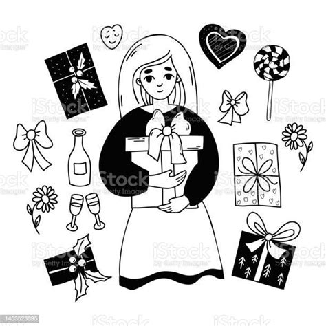선물 휴일 상자 과자 꽃 병이 든 안경을 가진 귀여운 소녀를 모으십시오 벡터 그림입니다 격리 된 도면 낙서 휴일 테마 선물 및