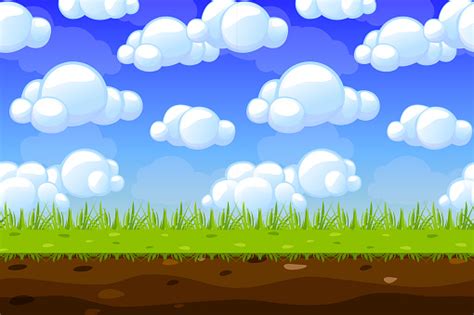 완벽 한 끝없는 요소 하늘 구름 및 잔디로 만든 게임 배경 2d 모바일 게임을 위한 벡터 자산 및 레이어 만화 스타일 게임 배경 2차 도형에 대한 스톡 벡터 아트 및 기타