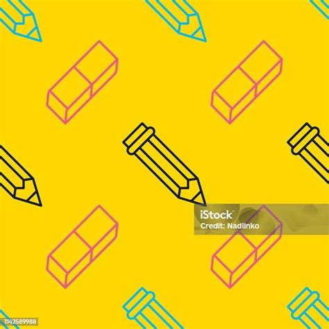 펜 지우개 라인 아이콘으로 완벽 한 패턴입니다 작업 도구 배경 그림을 작성 합니다 편지지 판매 브로셔 노란색 벽지 검은색에 대한 스톡 벡터 아트 및 기타 이미지 Istock
